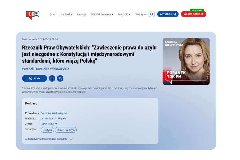 RPO w TOK FM o przesłuchaniu Barbary Skrzypek, ujawnieniu danych osobowych prok. Ewy Wrzosek i ...